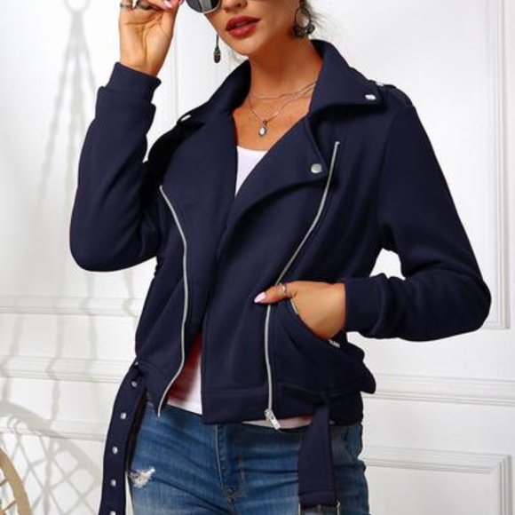 Jackets & Coats | Dark Blue Zipbelted Biker Jacket | Poshmark